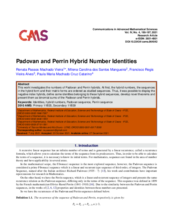 (PDF) Padovan and Perrin Hybrid Number Identities
