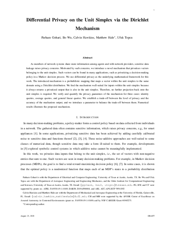 (PDF) Differential Privacy on the Unit Simplex via the Dirichlet Mechanism