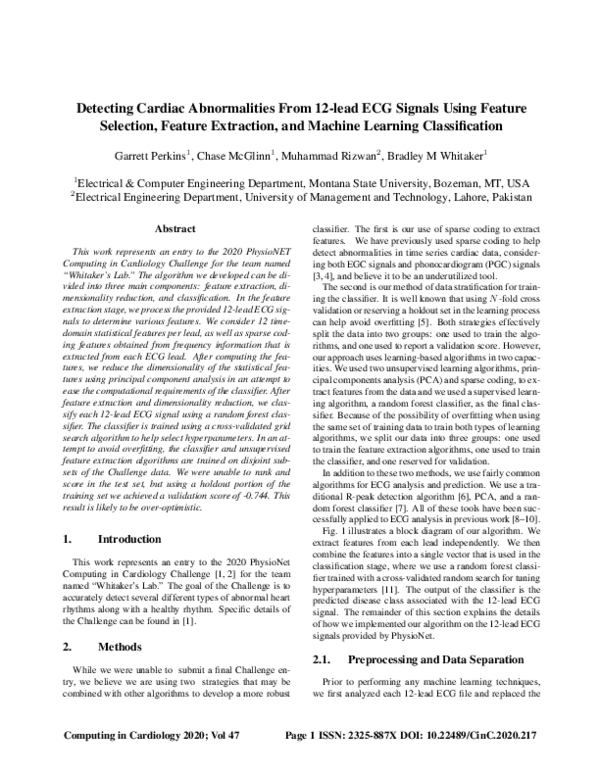 Pdf Detecting Cardiac Abnormalities From 12 Lead Ecg Signals Using Feature Selection Feature