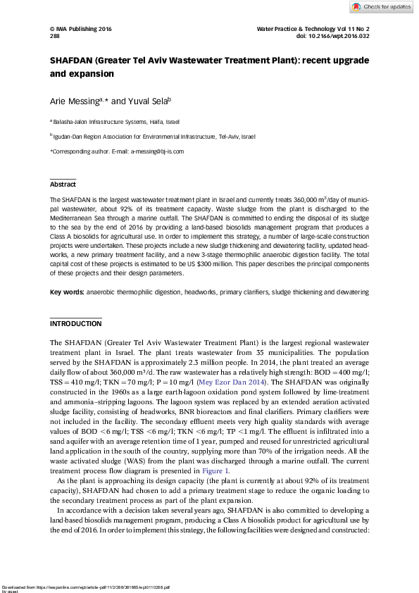 (PDF) SHAFDAN (Greater Tel Aviv Wastewater Treatment Plant): recent ...