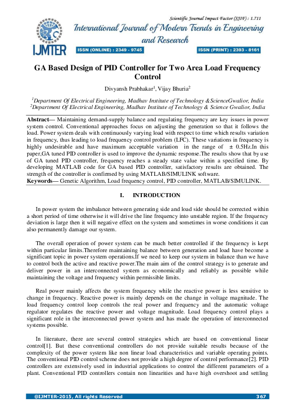Pdf Ga Based Design Of Pid Controller For Two Area Load Frequency Control