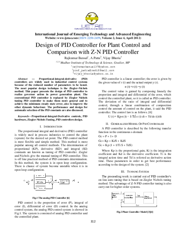 (PDF) Design of PID Controller for Plant Control and Comparison with Z ...