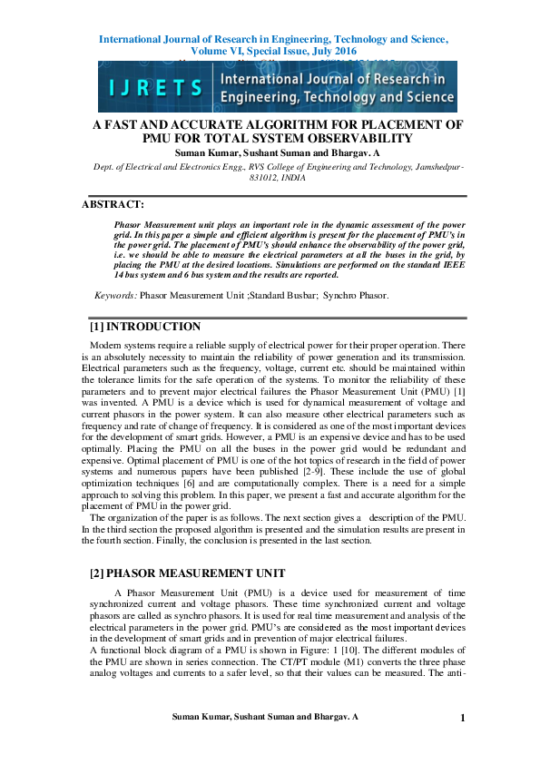 Pdf A Fast And Accurate Algorithm For Placement Of Pmu For Total