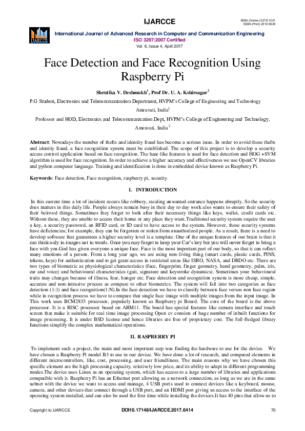 Pdf Face Detection And Face Recognition Using Raspberry Pi