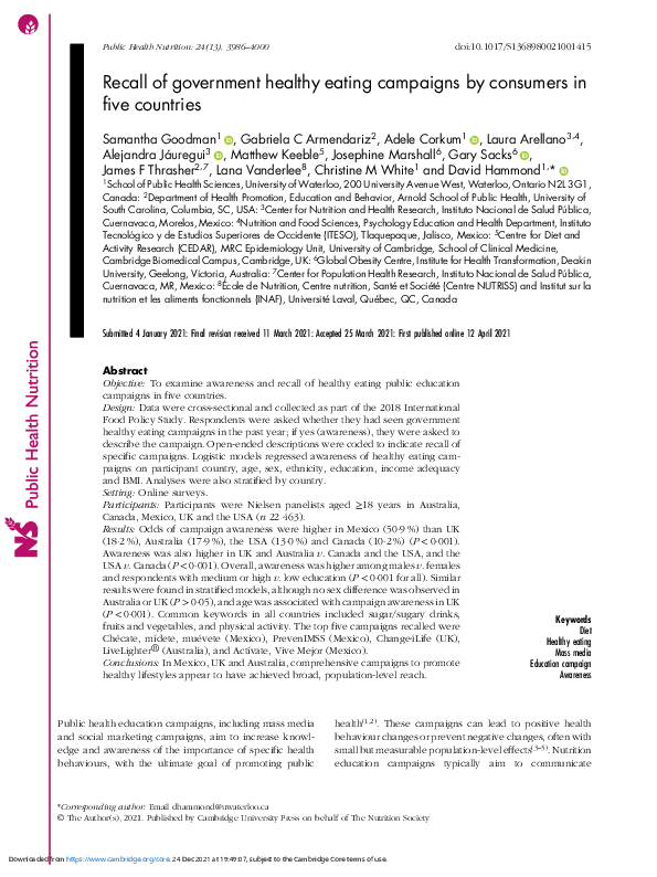 (PDF) Recall of government healthy eating campaigns by consumers in ...