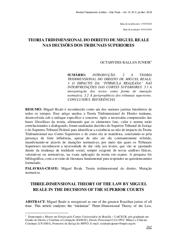 (PDF) Teoria Tridimensional do Direito de Miguel Reale nas decisões do ...