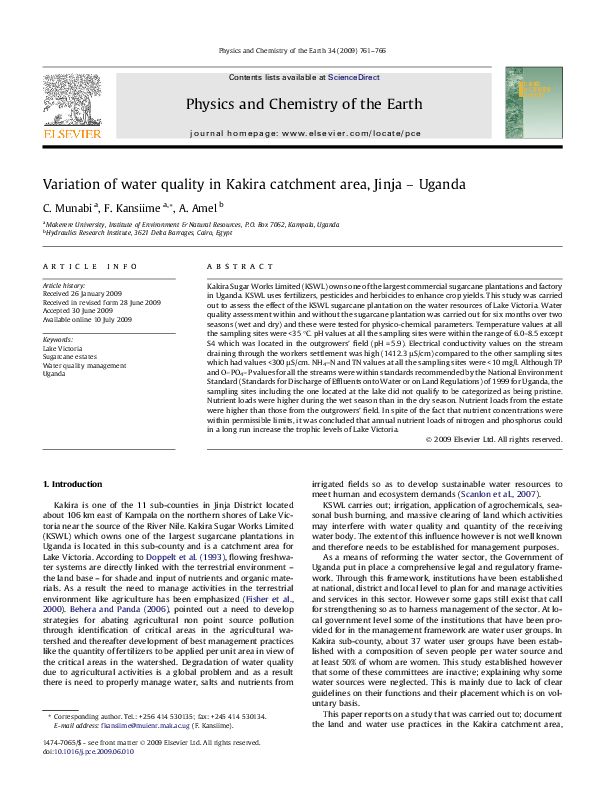 (PDF) Variation of water quality in Kakira catchment area, Jinja – Uganda