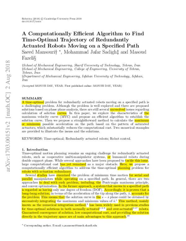 (PDF) A computationally efficient algorithm to find time-optimal trajectory of redundantly ...