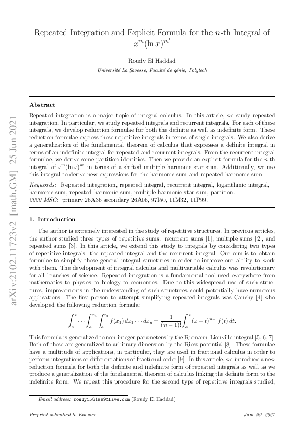 (PDF) Repeated Integration and Explicit Formula for the $n$-th Integral ...