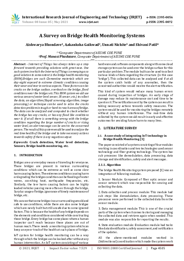 (PDF) A Survey on Bridge Health Monitoring Systems