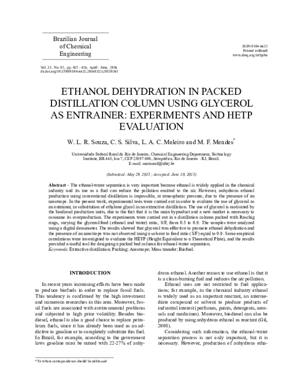 Pdf Ethanol Dehydration In Packed Distillation Column Using Glycerol