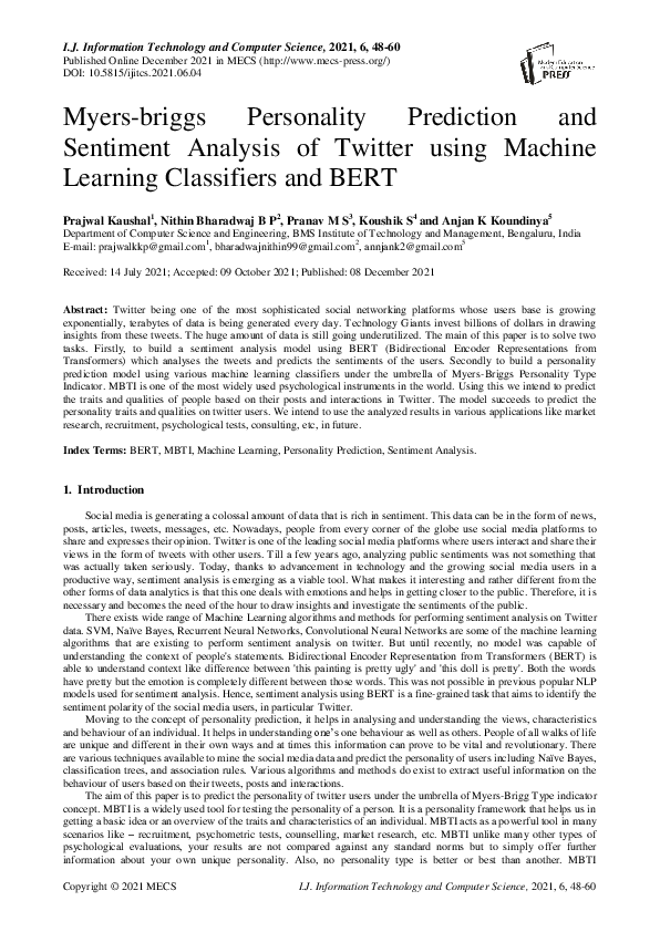 (PDF) Myers-briggs Personality Prediction and Sentiment Analysis of ...