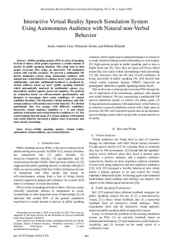 (PDF) Interactive virtual reality speech simulation system using autonomous audience with ...