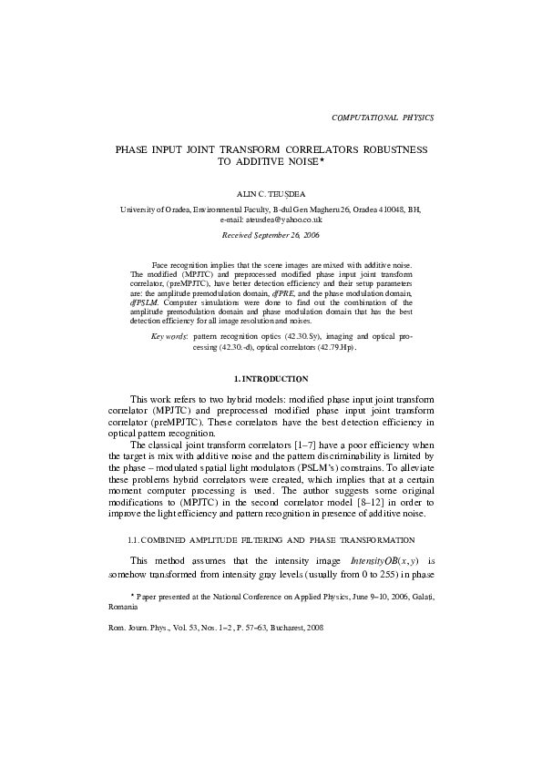(PDF) Phase Input Joint Transform Correlators Robustness to Additive Noise