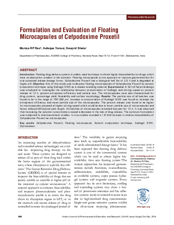 Pdf Formulation And Evaluation Of Floating Microcapsules Of Cefpodoxime Proxetil
