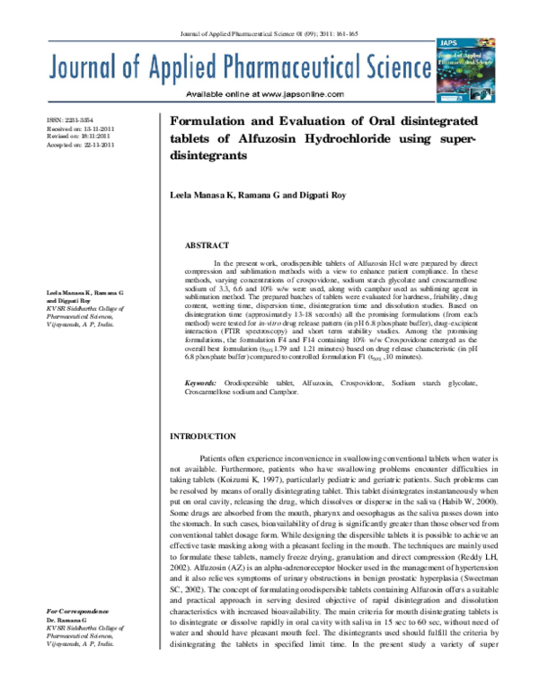 (PDF) Formulation and Evaluation of Oral disintegrated tablets of ...