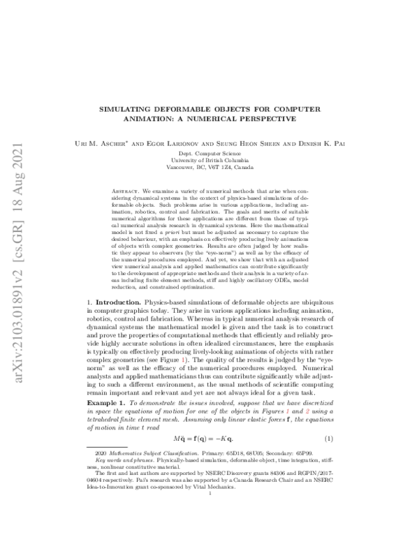 (PDF) Simulating deformable objects for computer animation: a numerical perspective