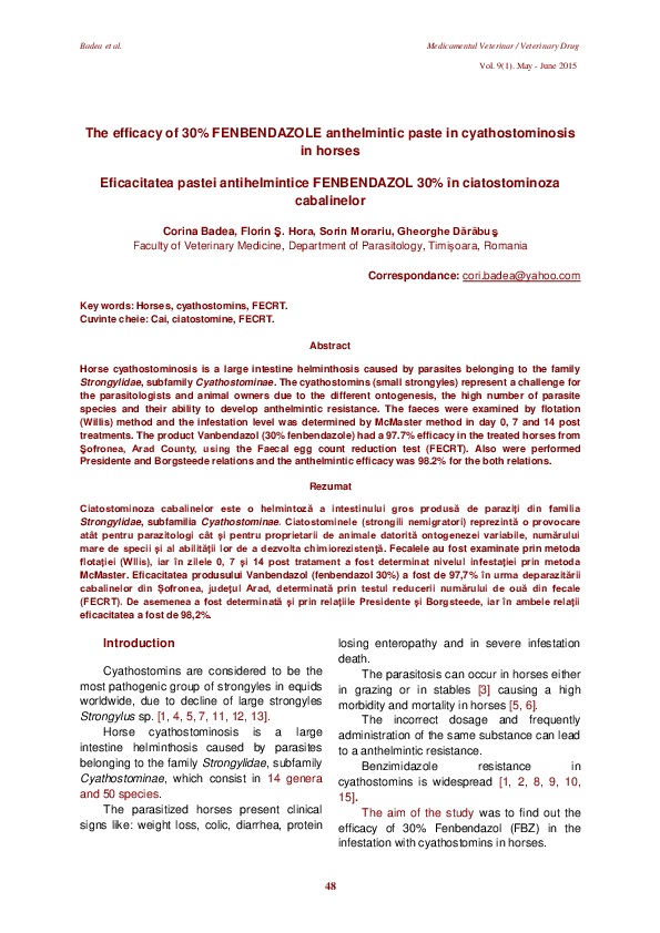 (PDF) The efficacy of 30 % FENBENDAZOLE anthelmintic paste in ...