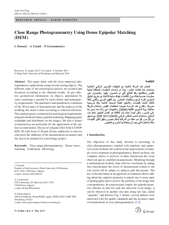 (PDF) Close Range Photogrammetry Using Dense Epipolar Matching (DEM)
