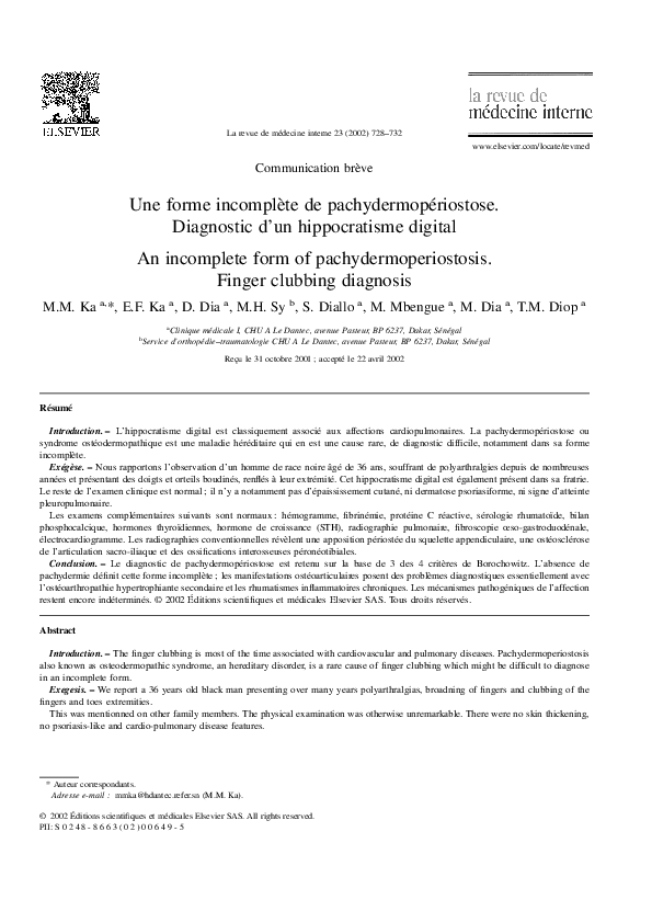 (PDF) Une forme incomplète de pachydermopériostose. Diagnostic d’un ...