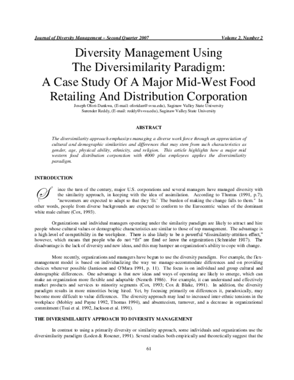 (PDF) Diversity Management Using The Diversimilarity Paradigm: A Case ...