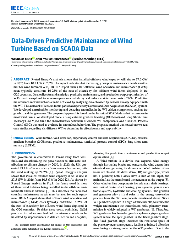 Pdf Data Driven Predictive Maintenance Of Wind Turbine Based On Scada Data