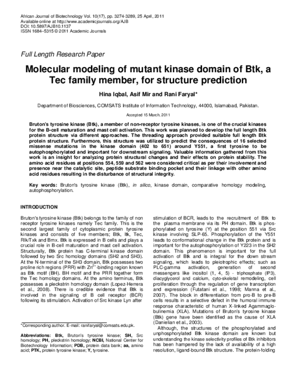 (PDF) Molecular modeling of mutant kinase domain of Btk, a Tec family ...