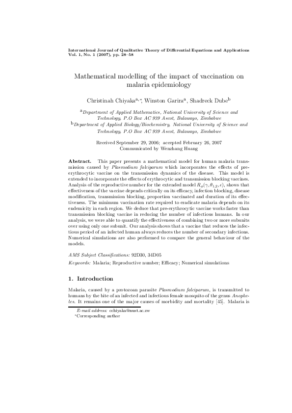 (PDF) Mathematical modelling of the impact of vaccination on malaria ...
