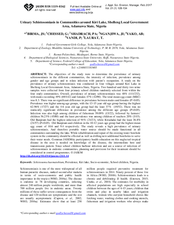 (PDF) Urinary schistosomiasis in communities around Kiri Lake, Shelleng ...