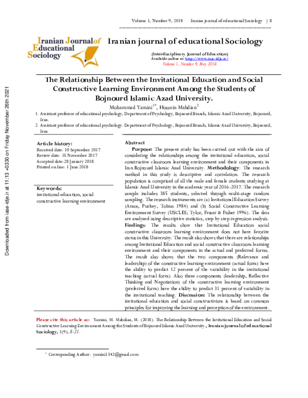(PDF) The Relationship Between the Invitational Education and Social ...