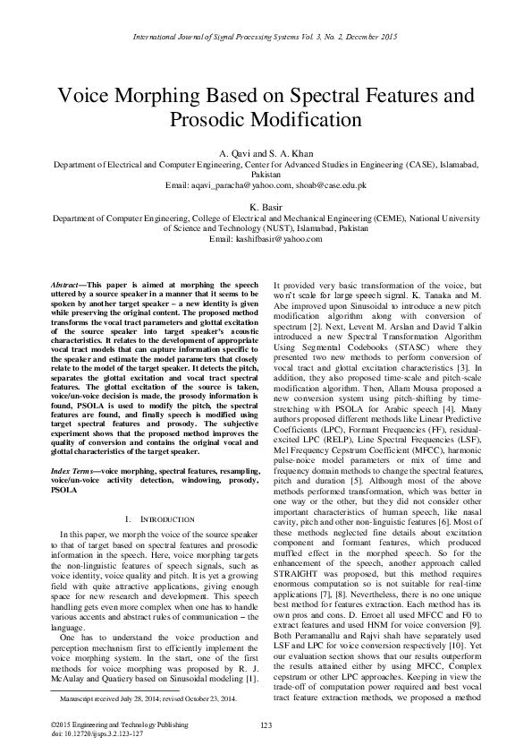(PDF) Voice morphing based on spectral features and prosodic modification