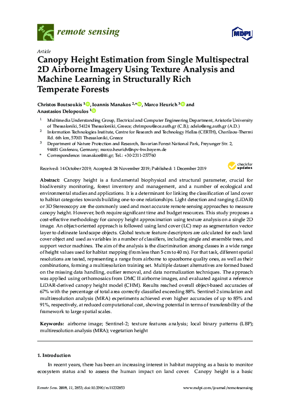 (PDF) Canopy Height Estimation from Single Multispectral 2D Airborne Imagery Using Texture ...