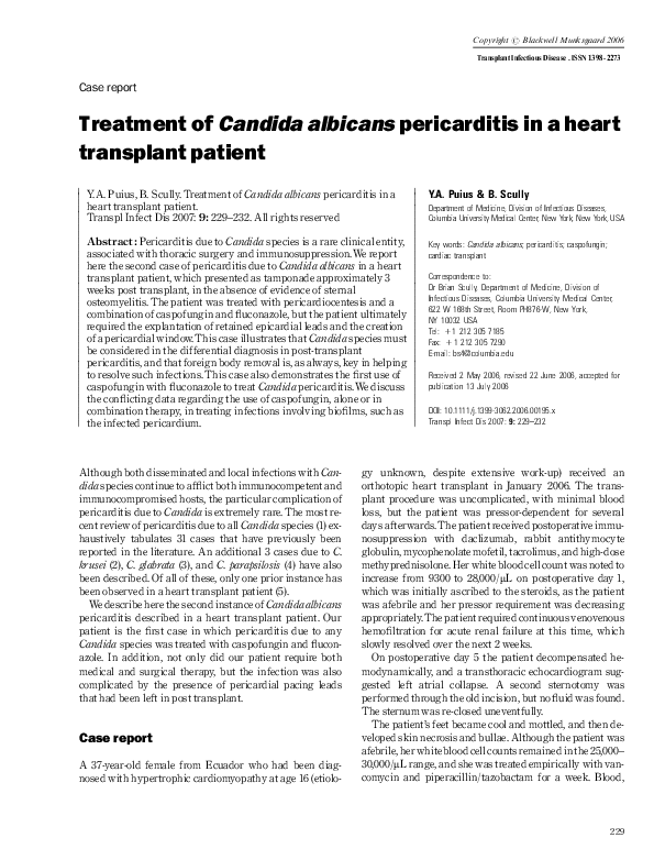 (PDF) Treatment of Candida albicans pericarditis in a heart transplant ...