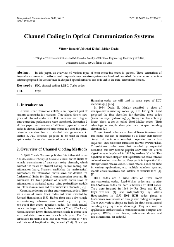 (PDF) Channel Coding in Optical Communication Systems