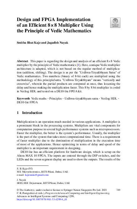 (PDF) Design and FPGA Implementation of an Efficient 8×8 Multiplier Using the Principle of Vedic ...