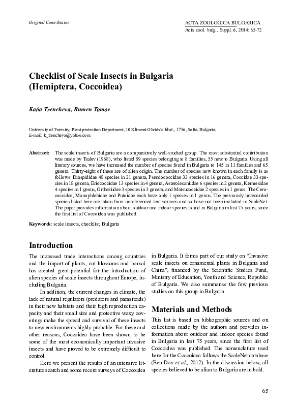 (PDF) Checklist of Scale Insects in Bulgaria (Hemiptera, Coccoidea)