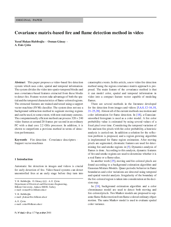 (PDF) Covariance matrix-based fire and flame detection method in video