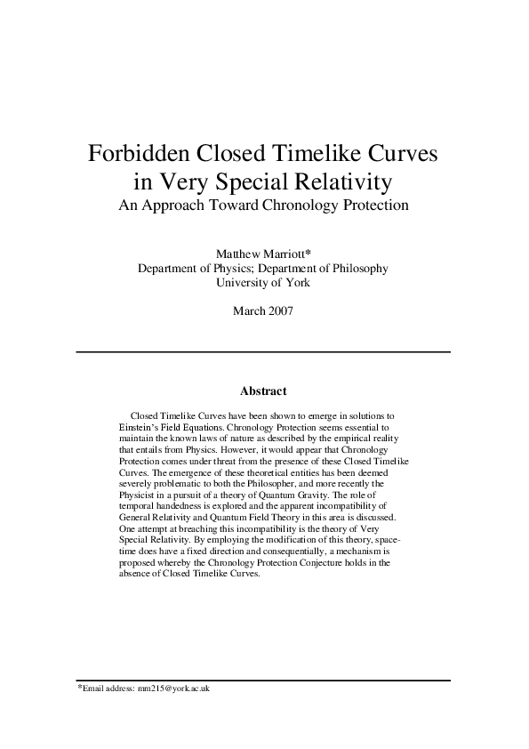 (PDF) Forbidden Closed Timelike Curves in Very Special Relativity; An ...