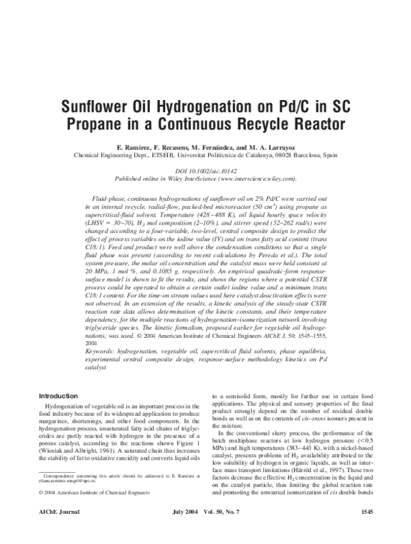 (PDF) Sunflower oil hydrogenation on Pd/C in SC propane in a continuous ...