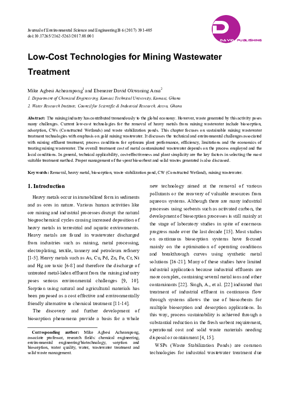 (PDF) Low-Cost Technologies for Mining Wastewater Treatment