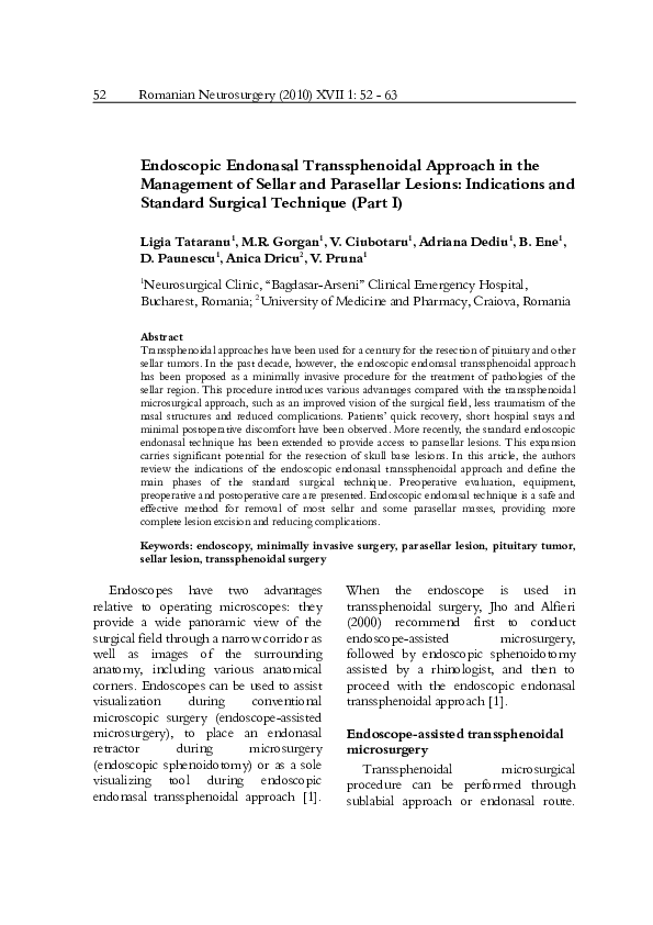 Pdf Endoscopic Endonasal Transsphenoidal Approach In The Management