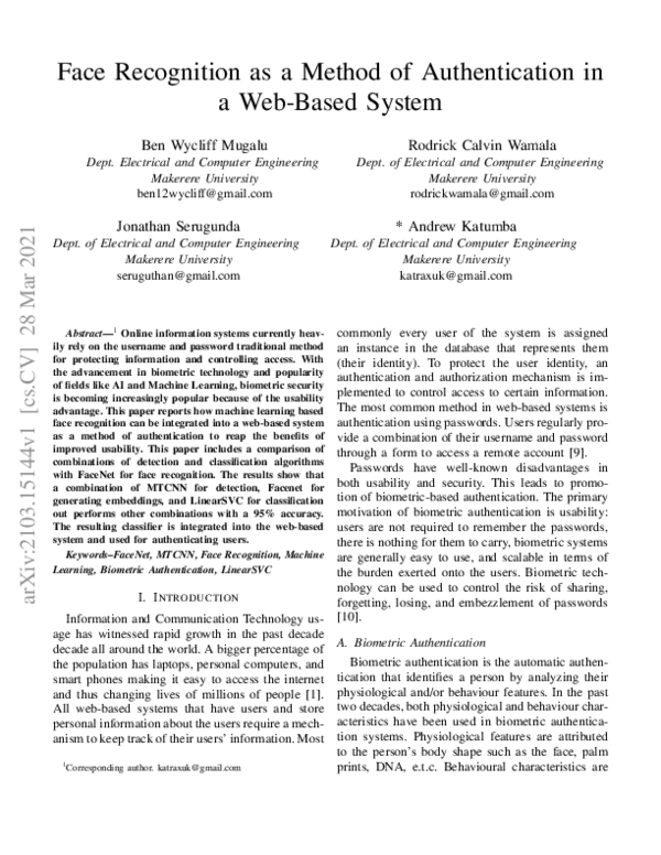 Pdf Face Recognition As A Method Of Authentication In A Web Based System