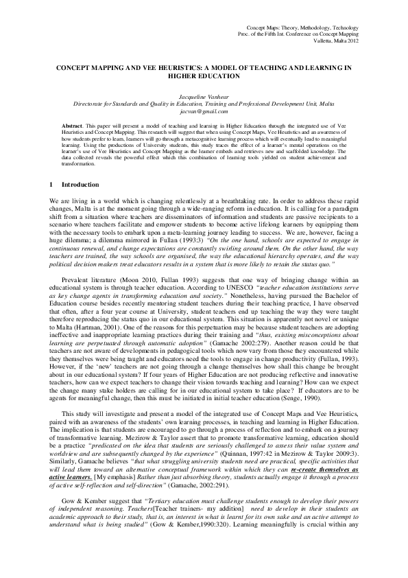 (PDF) Concept Mapping and Vee Heuristics: a Model of Teaching and Learning in Higher Education