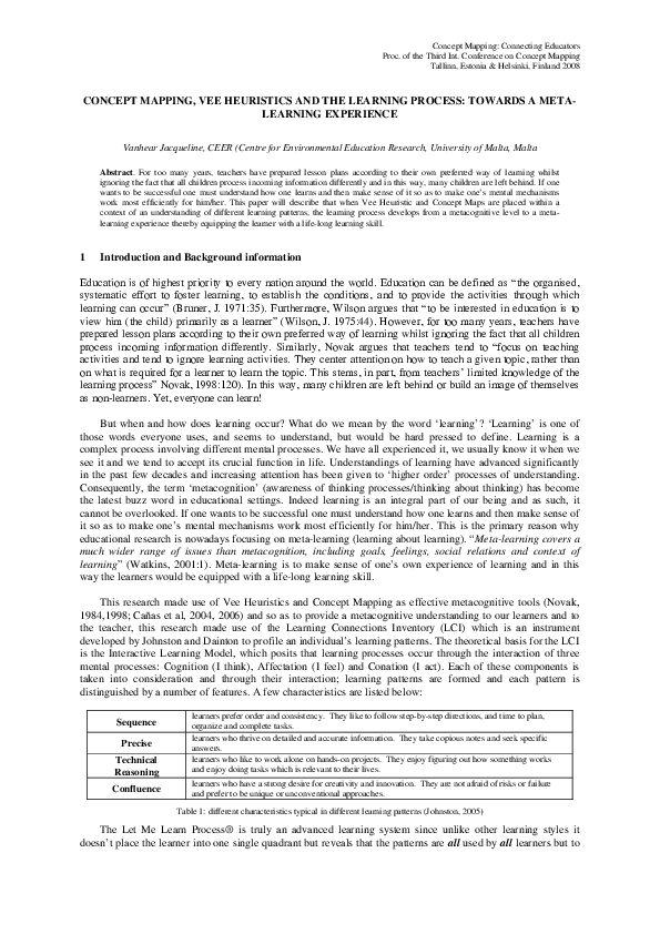 (PDF) Concept Mapping, Vee Heuristics and the Learning Process: Towards a Meta-learning Experience