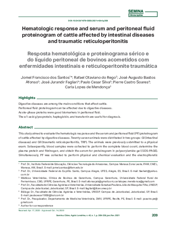(PDF) Hematologic response and serum and peritoneal fluid proteinogram ...