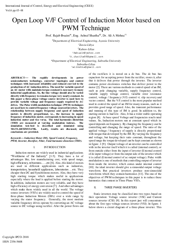 (PDF) Open Loop V/F Control of Induction Motor based on PWM Technique ...