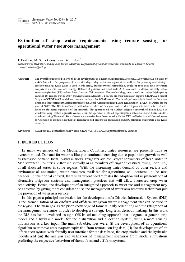 Pdf Estimation Of Crop Water Requirements Using Remote Sensing For Operational Water Resources