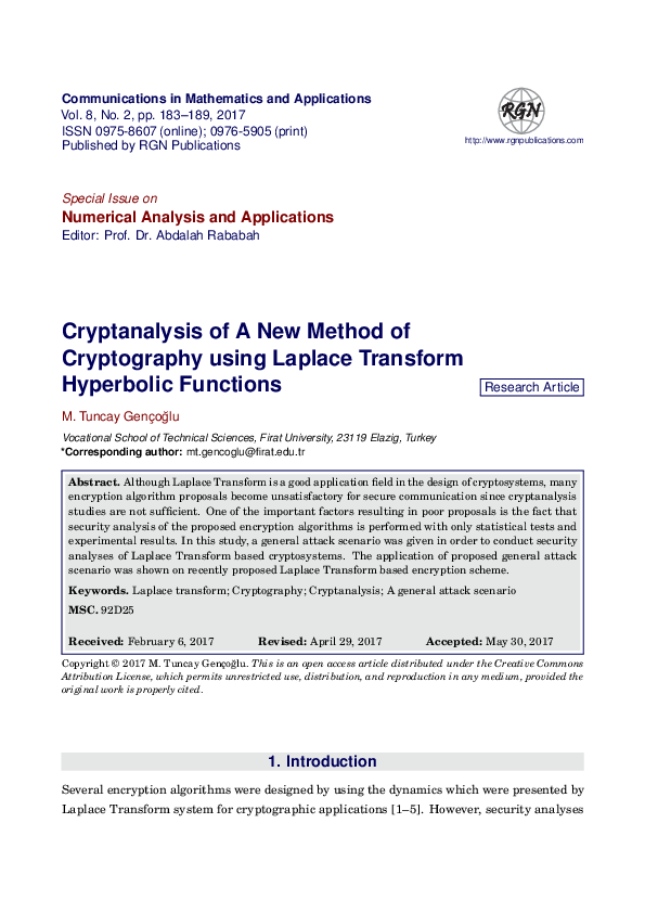 Pdf Cryptanalysis Of A New Method Of Cryptography Using Laplace Transform Hyperbolic Functions