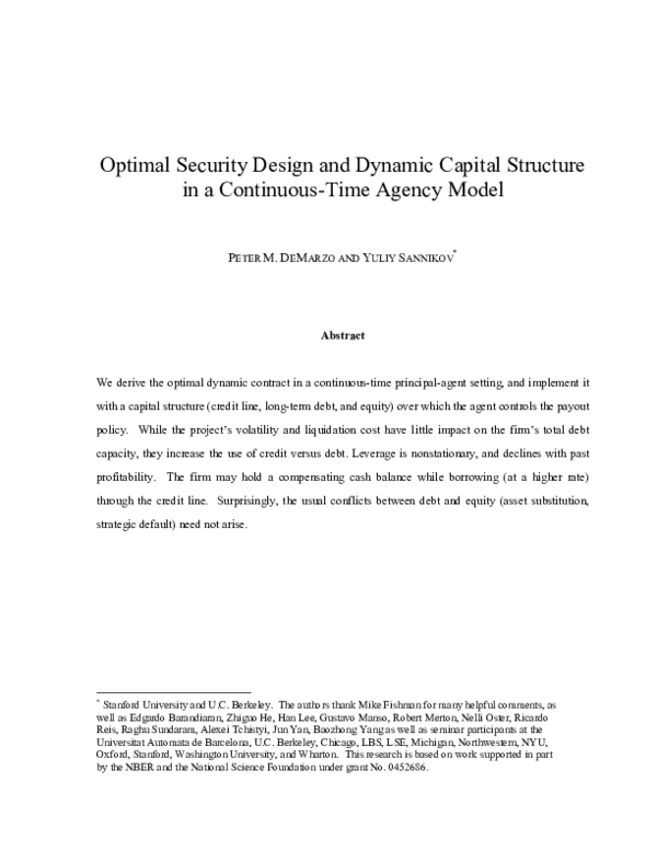 (PDF) Optimal Security Design and Dynamic Capital Structure in a Continuous‐Time Agency Model