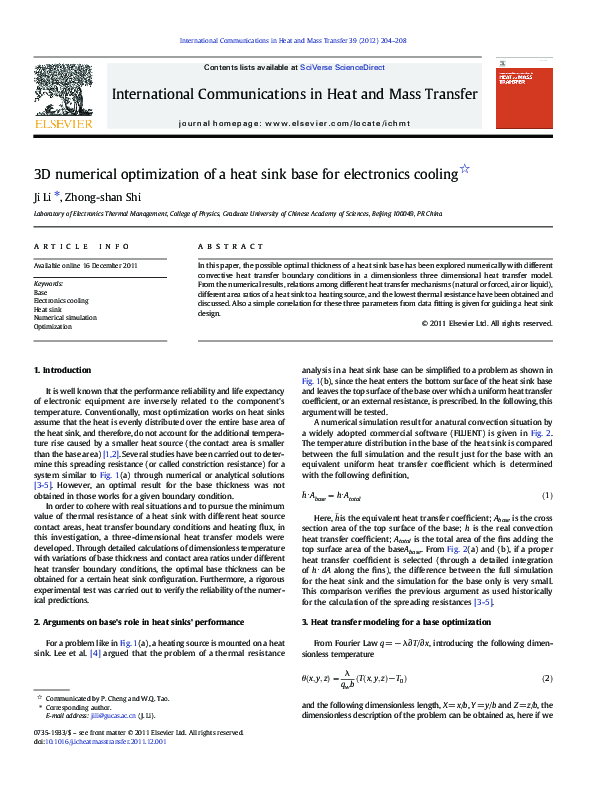 Pdf 3d Numerical Optimization Of A Heat Sink Base For Electronics Cooling